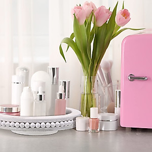 Wooden White Beaded Lazy Susan Round Spinning Kitchen Turntable 360 Degrees Rotating Lazy Susan Kitchen Tray for Cabinet Counter, 9.8 inch