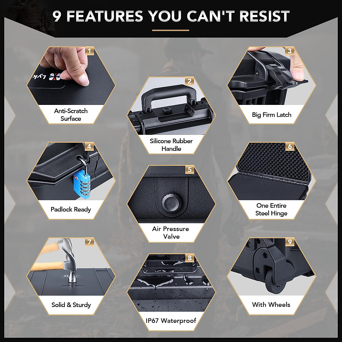 Lykus HC-5120 Waterproof Hard Case with Wheels and Customizable Foam, Interior Size 20.3x11.3x7.3 inch, Suitable for camera, lens, drone, mic, flashlight, projector, electronics, tools, and more