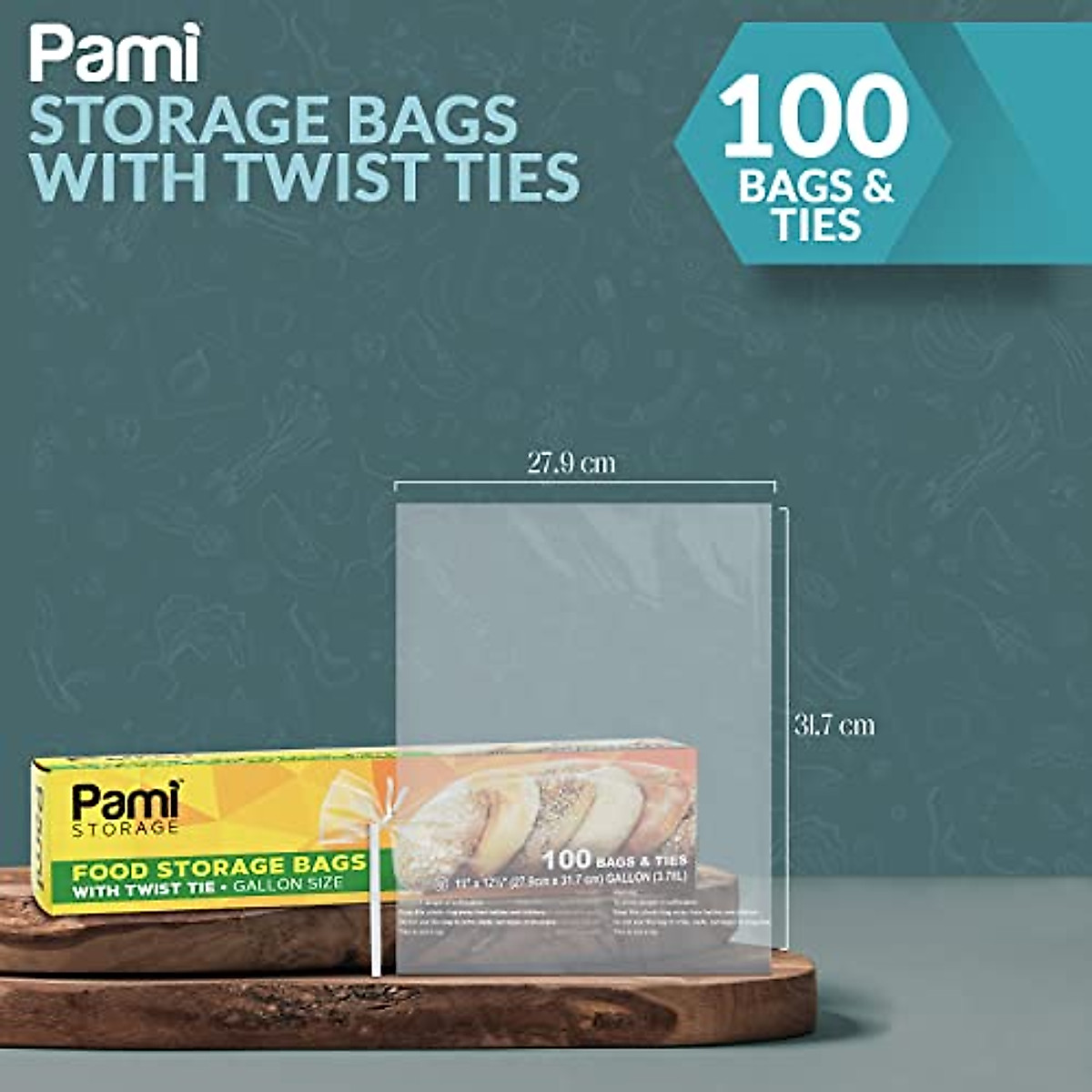 PAMI Food Storage Gallon Size Bags With Twist Ties [100 Pieces] - Disposable Plastic Food Bags- Food-Safe Bags For Food Storage- Versatile Bags For Kitchen. Home, Office, Commercial Uses- 11x12.5”