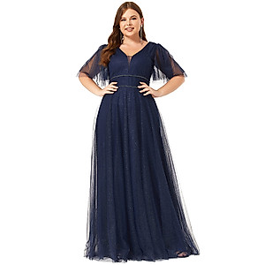 Ever-Pretty Plus Women's A Line illsuion Tulle Floor-Length Plus Size Dance Party Dress Navy US24
