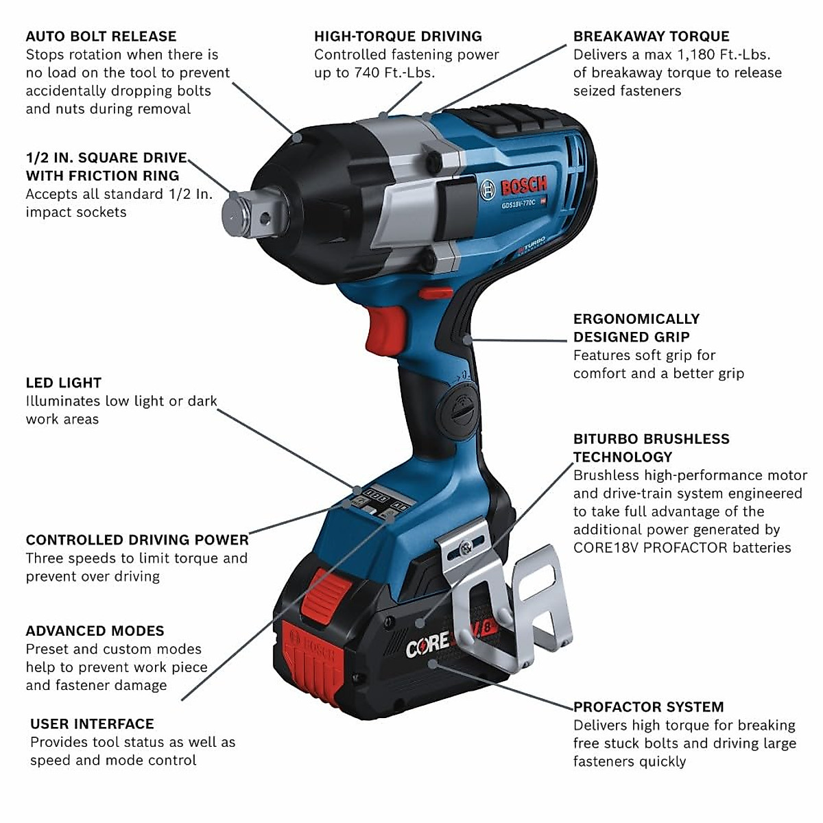 BOSCH GDS18V-770CB14 PROFACTOR™ 18V Connected 3/4 In. Impact Wrench Kit with Friction Ring and Thru-Hole and (1) CORE18V® 8 Ah High Power Battery
