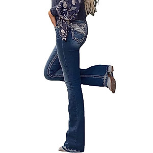 QJBMEI Women's Jeans Feather Flower Embroidery Mid Rise Stretchy Bootcut Slim Wide Leg Pants Blue