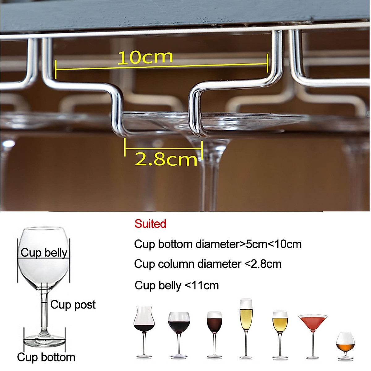 V3VOGUE Steel Under Cabinet Wine Glass Holder Rack, Stemware Holder, 3/4/5/6/7/8 Row Glasses Storage Hanger, Hanging Champagne Goblets Holders, with Screws (Row : 6Row, Size : Width: 28cm)