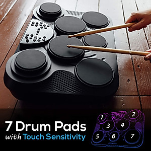 Pyle Portable Drums, Tabletop Drum Set, 7 Pad Digital Drum Kit, Touch Sensitivity, Wireless Electric Drums, Drum Machine, Electric Drum Pads, LED Display, Mac & PC - PTED01