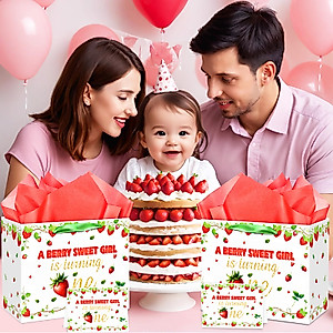 Baby Girl 1st Birthday Gift Bag A Berry Sweet Girl is Turning One Gift Bag Strawberry 1st Birthday Wrapping Bag with Tissue Paper and Card for Sweet Baby Girl Baby Shower Red Berry Birthday Christmas Party Supplies