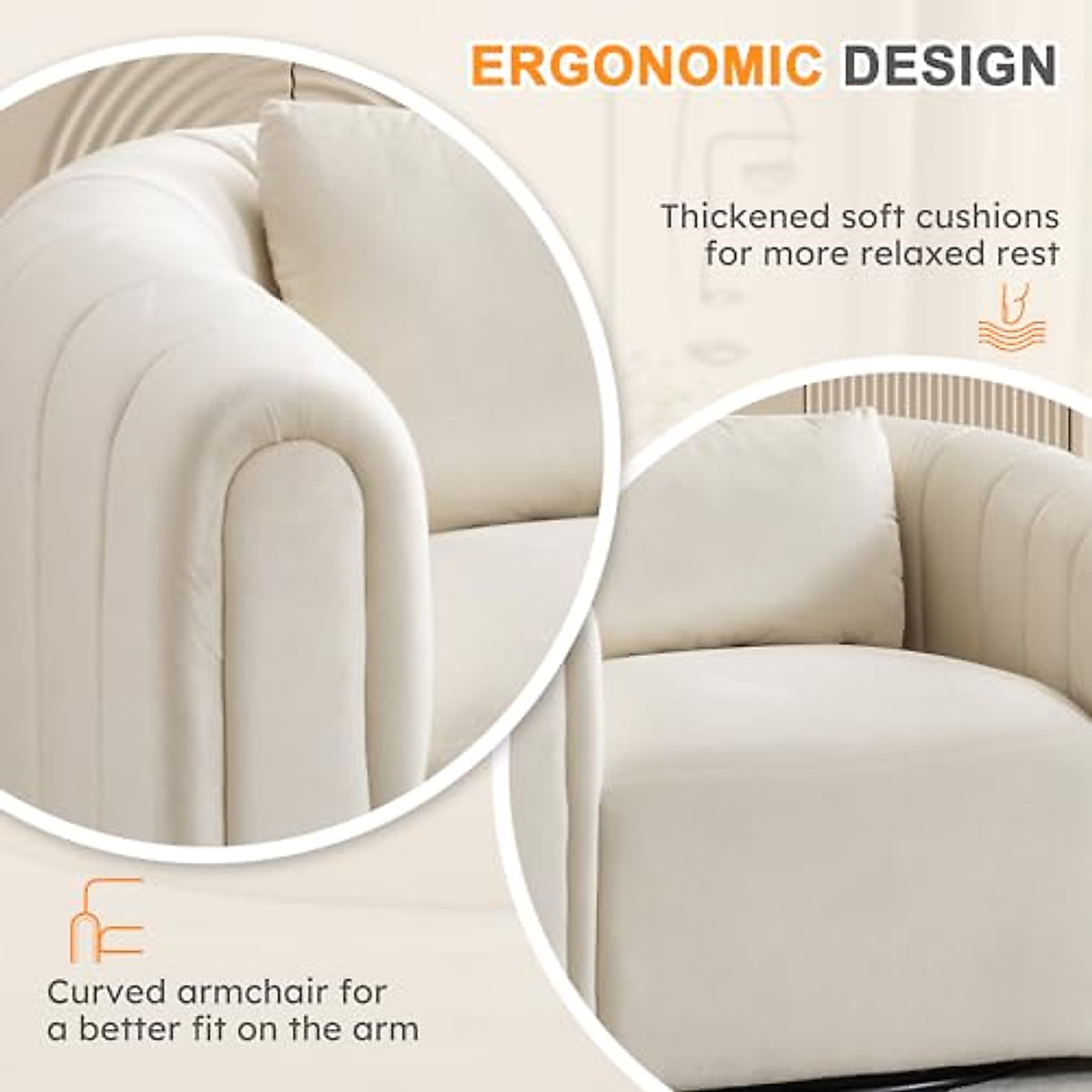 ANJ Swivel Barrel Chair Set of 2 with Plump Pillow, Modern Channel Dutch Velvet Accent Chair, Comfy Round Armchair, Swivel Accent Chair for Nursery Living Room Bedroom (Beige)