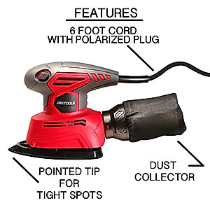 Great Working Tools Detail Palm Sander Hand Sander with Dust Bag & Sandpaper, 1.1 Amp 14,000 OPM, 27 Sanding Pads