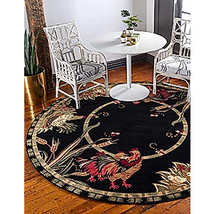 Unique Loom Barnyard Collection French Country Inspired Cottage Rooster Design Area Rug (5' 0 x 5' 0 Round, Black/Ivory)