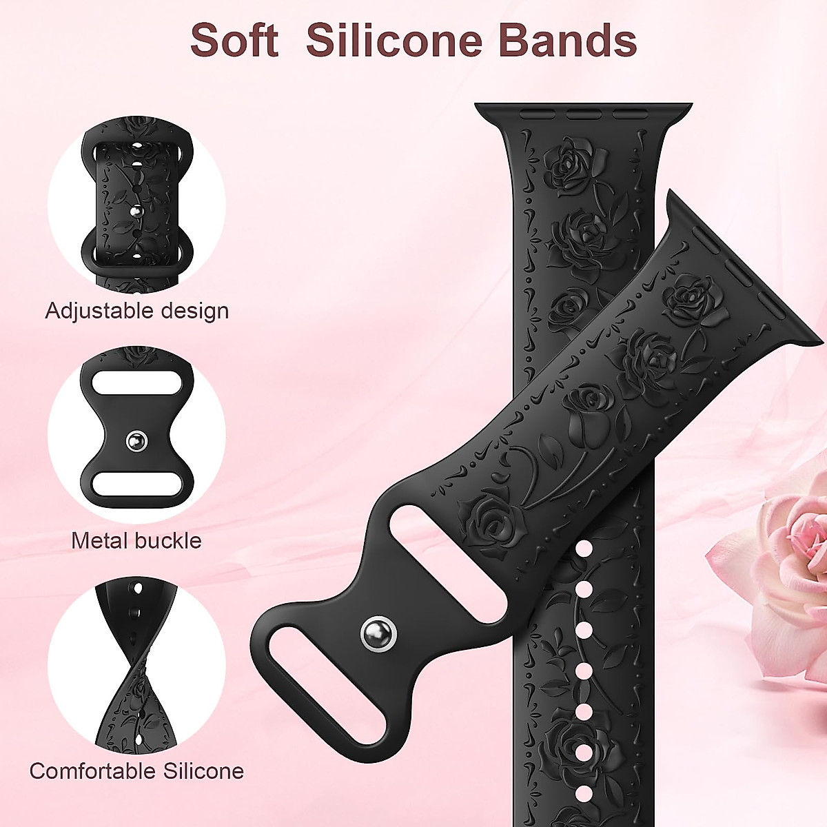 3 Packs Floral Engraved Bands Compatible with Apple Watch Band 40 44 38 42 41 45 46 49mm, Embossed Rose Strap for iWatch Series 10 9 8 7 SE 6 5 4 3 2,38Bwg