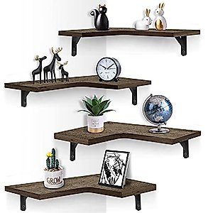 EACHPAI Corner Floating Shelves Wall Mounted Set of 4, Rustic Wood Wall Storage Shelves for Bedroom, Living Room, Bathroom, Kitchen, Office and More…