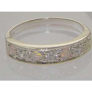 LetsBuyGold 14k White Gold Natural Diamond and Opal Womens Band Ring (0.18 cttw, H-I Color, I2-I3 Clarity)