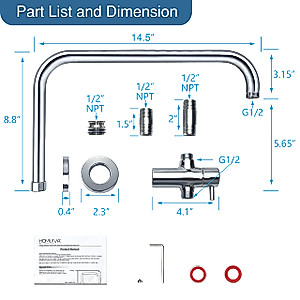 HOMVIVA® All Solid Metal 3-Way Shower Arm Diverter Valve with 16 Inch Shower Head Extension Arm And High Rise Extender for Handheld and Fixed Shower Head, G1/2 Universal with Flange,Brushed Nickel