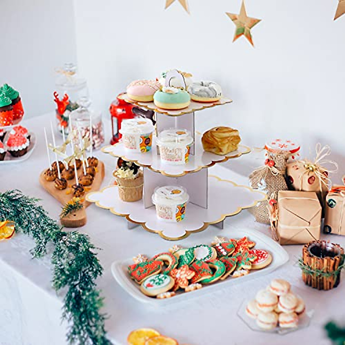 Cupcake Stand,3 Set of Square 3-Tier Dessert Plates Mini Cakes Fruit Candy Display Tower Cookie Tray Rack Candy Buffet Holder Cake Stand Cardboard Cupcake Stand Tiered Serving Stand (White)