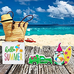 3 Pcs Hello Summer Tiered Tray Decor Summer Mini Wood Sign Farmhouse Wooden Watermelon Decor Rustic Gnome 3D Tiered Tray Sign Summer Kitchen Table Centerpieces Decorative Summer Tiered Tray Decoration