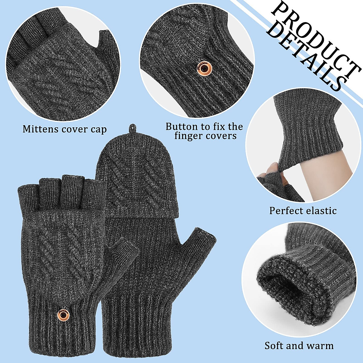 SATINIOR 3 Pairs Winter Knitted Convertible Fingerless Gloves Knit Flip Fingerless Gloves with Fingers Gloves with Cover for Women Men (Multicolored)