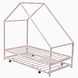 LCH House Bed, Full-Twin Size Metal House Bed with Trundle for Bedroom,Guest Room,Cute House-Shape Bed for Toddlers,Kids,Girls and Boys,Noise Free,Easy to Assemble,No Box Spring Needed,Pink
