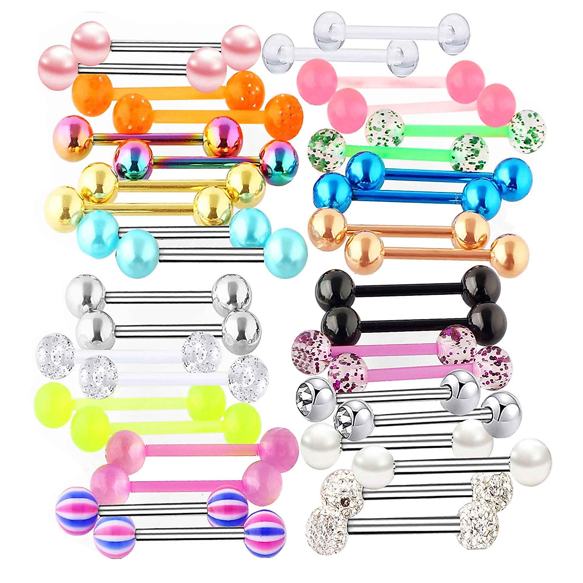 Suotarn 40pcs 14G Tongue rings For Women Stainless Steel Straight Tongue Barbell UV Acrylic Plastic Tongue Piercing Jewelry Nipple Piercings 5/8" Glow in Dark Flexible Retainer Body Jewelry for Men