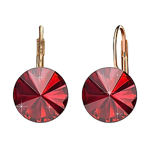 Austrian Crystal Round Drop Leverback Earrings for Women 14K Rose Gold Plated Hypoallergenic Jewelry (Red)