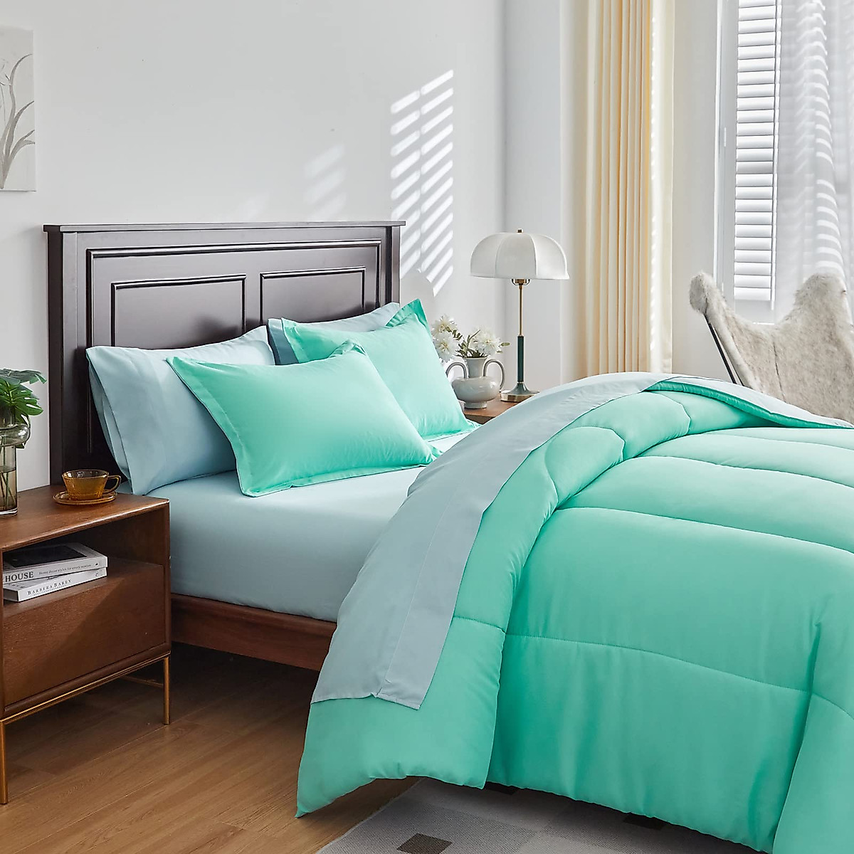 UOZZI BEDDING Teal King Comforter Set 7 Pieces Bed in a Bag with Spring Comforter King Size,Blue Sheets, Pillowcases & Shams Reversible Soft All Season Bed Set