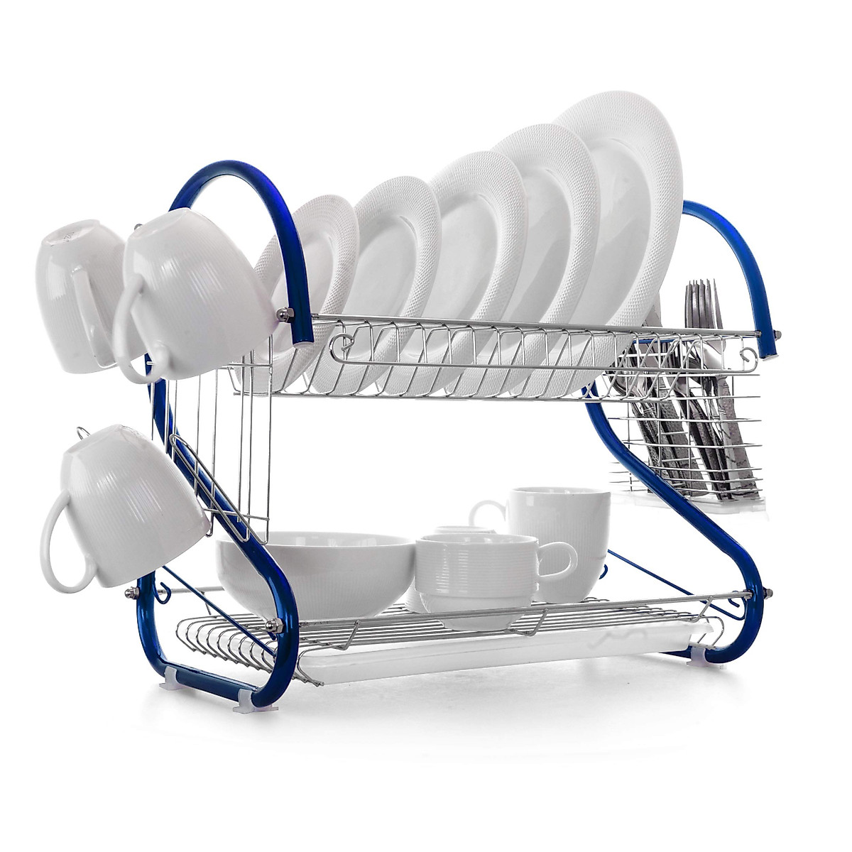 Megachef Iron Wire Contemporary Dish Drying Rack with Included Hangers, Utensil Compartment, and Drip Tray, 16 Inch, Blue and Silver Chrome