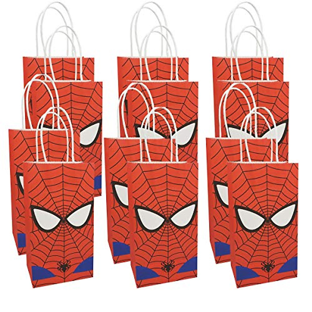 NiceLife 12 Pieces Spider Web Printed Kraft Paper Goodie Gift Bags with Handle for Kids Superhero Themed Birthday Party Decorations