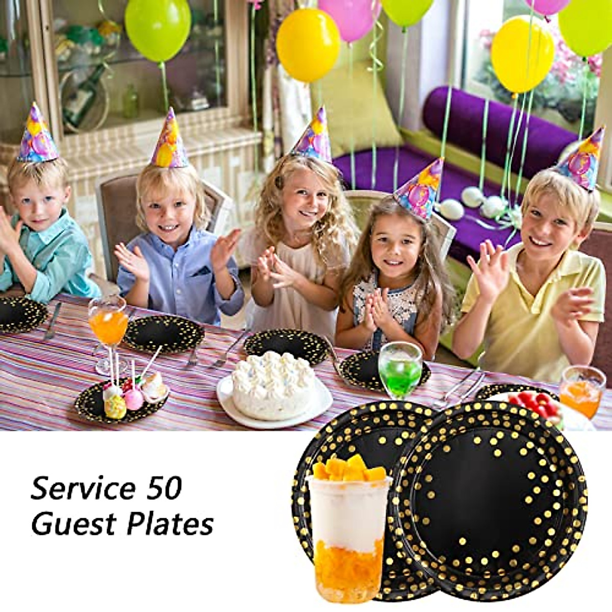 Birthdayparties Black and Gold Paper Plates 7 inch, Foil Polka Dots Disposable Paper Plates Golden Dots Party Supplies Plates 50 Pack