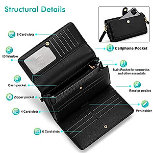 Peacocktion Wristlet Wallet for Women, Crossbody Wallet Purse with Phone Pocket Card Holder RFID Blocking 2 Strap, Black