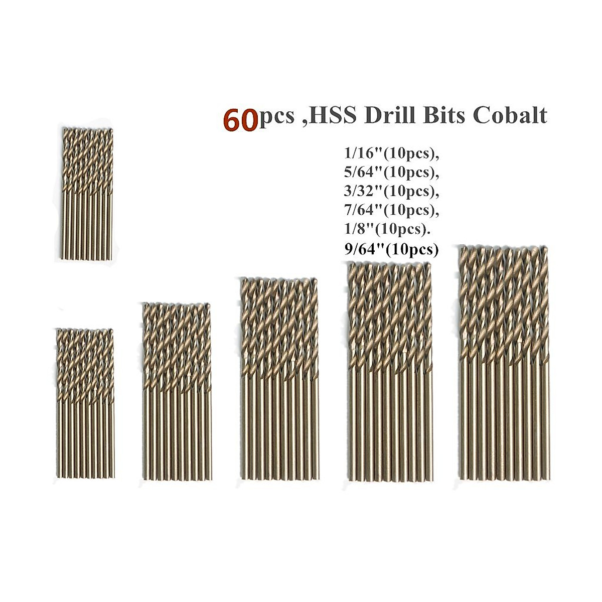 60pcs (1/16"-9/64"), M35 Cobalt Drill Bits