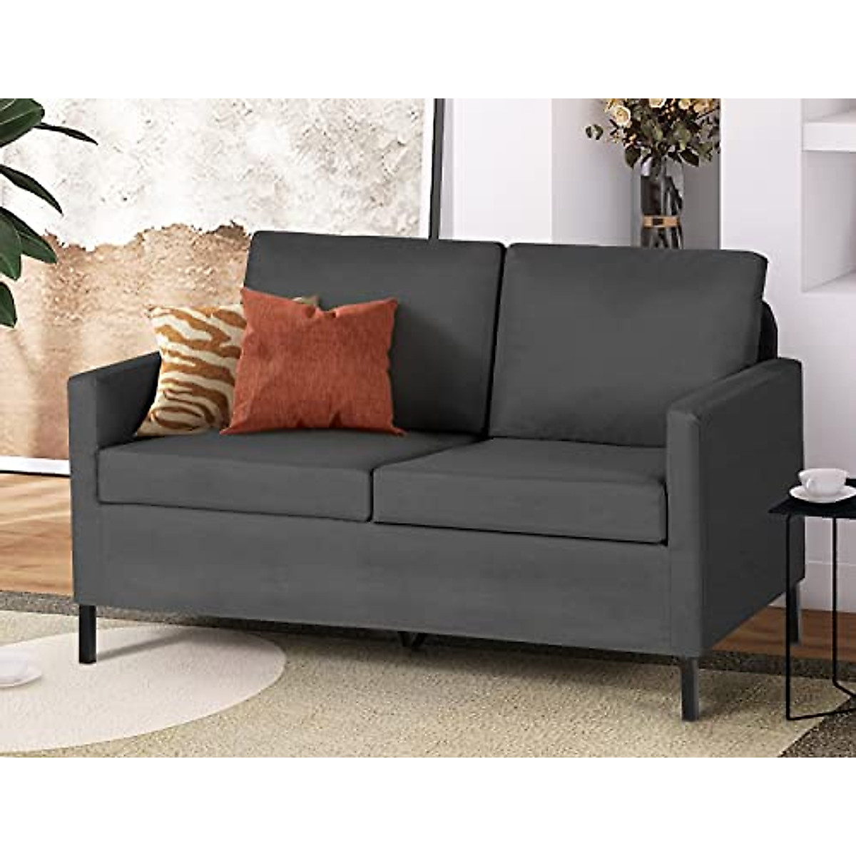 TYBOATLE 51 inch Fabric Modern Loveseat Sofa Couch for Living Room, Upholstered Love Seats 2-Seater w/Iron Legs for Compact Small Space, Apartment, Bedroom, Dorm, Office (Dark Grey)