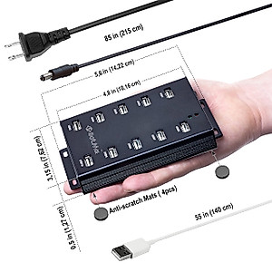 SotMa 10 Port USB 2.0 Hub - USB Hub - Powered USB Hub for Mining - Multiple USB Port Hub - USB Splitter Hub with 12V 5A Power Adapter, LEDs, Mounting Bracket - Black