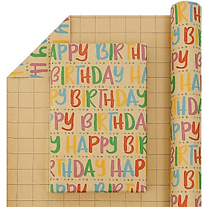 CAMKUZON Kraft Birthday Wrapping Paper Roll with Cutlines - Colorful Happy Birthday Text and Star Design - Gift Wrap Paper for Birthday Celebration Baby Shower, 17.4 Inch