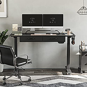 FEZIBO Adjustable Height Electric Standing Desk with Double Drawer, 55 x 24 Inches Stand Up Home Office Desk with Splice Tabletop, Black Frame/Black Top