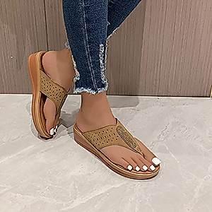Ladies Fashion Summer Solid Hollow Leather Rhinestone Decorative Clamping Toe Slope Slip on Sandals for Women Wide Width (Brown, 8)