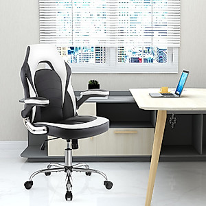 SMUG Gaming Ergonomic Office Computer Desk Racing Style Bonded Leather Gamer Chair, with Flip-Up Arms and Adjustable Height, White