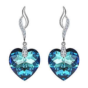 EleQueen 925 Sterling Silver CZ Love Heart Leaf Ribbon Dangle Earrings Bermuda Blue Made with Austrian Crystals