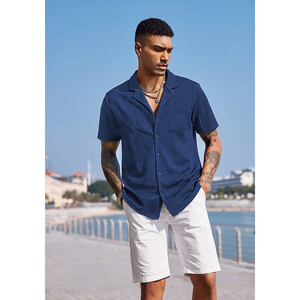 COOFANDY Men's Wrinkle Free Button Down Shirt Short Sleeve Business Casual Untucked Shirts Lightweight Stretch Shirt Navy Blue