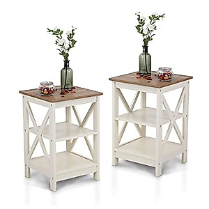 MAISON ARTS End Tables Living Room Set of 2 Farmhouse Side Tables 3-Tiers Rustic Nightstands with Storage for Bedroom, Modern Wood Look Mid Century Accent Furniture, Easy Assembly, Ivory