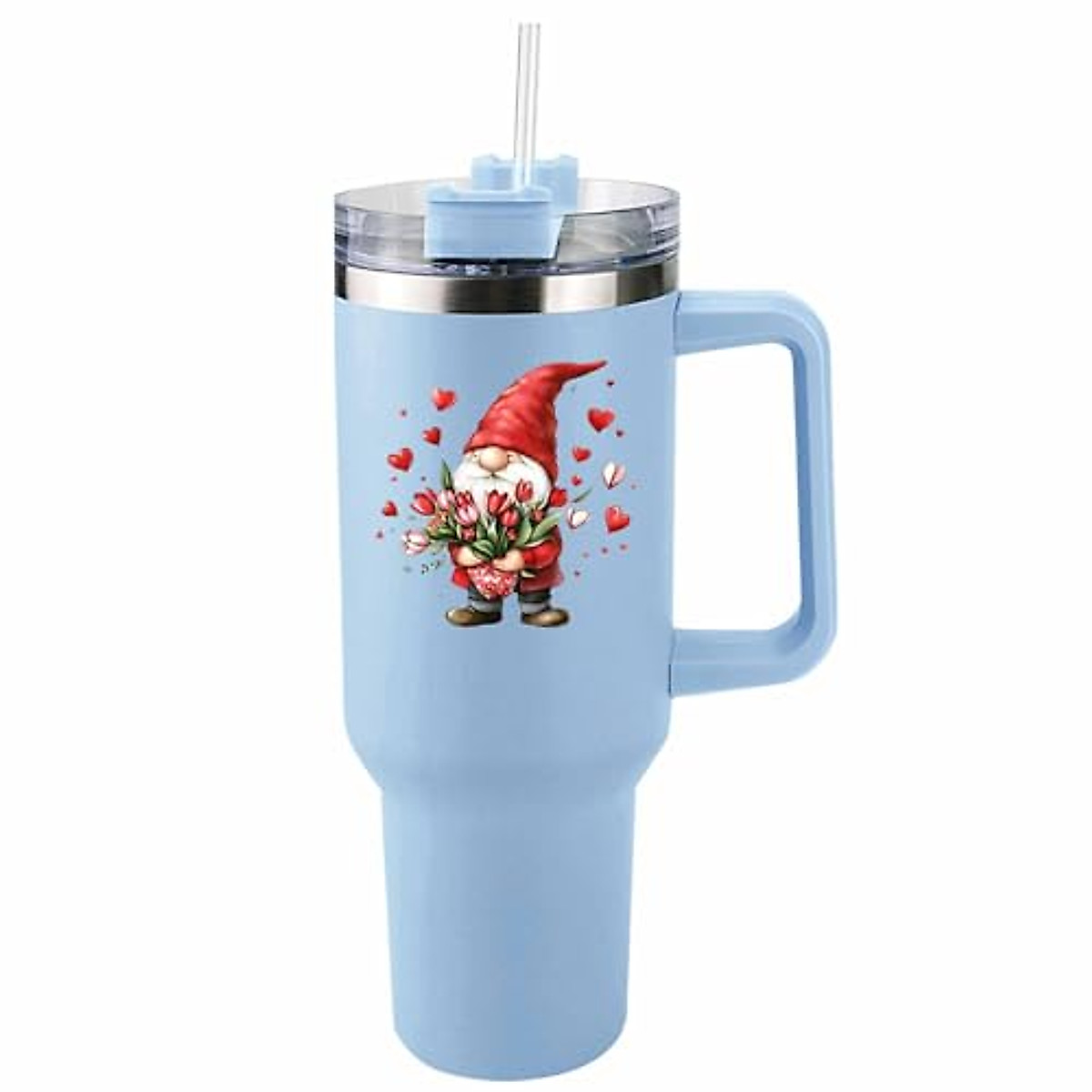 LB LEOBON 40 ounce insulated cup with handle, double-layer vacuum stainless steel material, equipped with straw, can keep warm or maintain cold drinks Gnome Love Bouquet P wathet