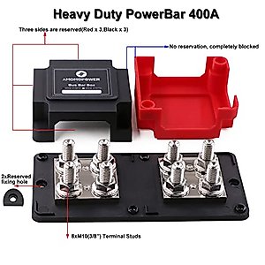 T Tocas Heavy Duty 400ABus Bar Power Distribution Block Ground Busbar Box 8XM10 (3/8") Terminal Studs Module Design 48V DC Black & Red Cover
