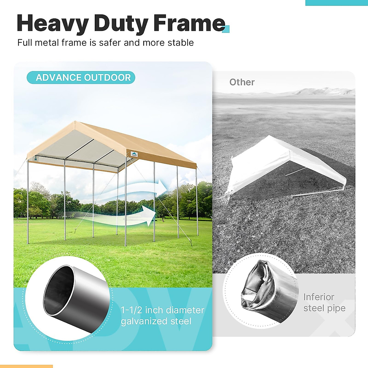ADVANCE OUTDOOR Adjustable 10x20 ft Heavy Duty Carport Car Canopy Garage Boat Shelter Party Tent, Adjustable Peak Height from 9.5ft to 11ft, Beige