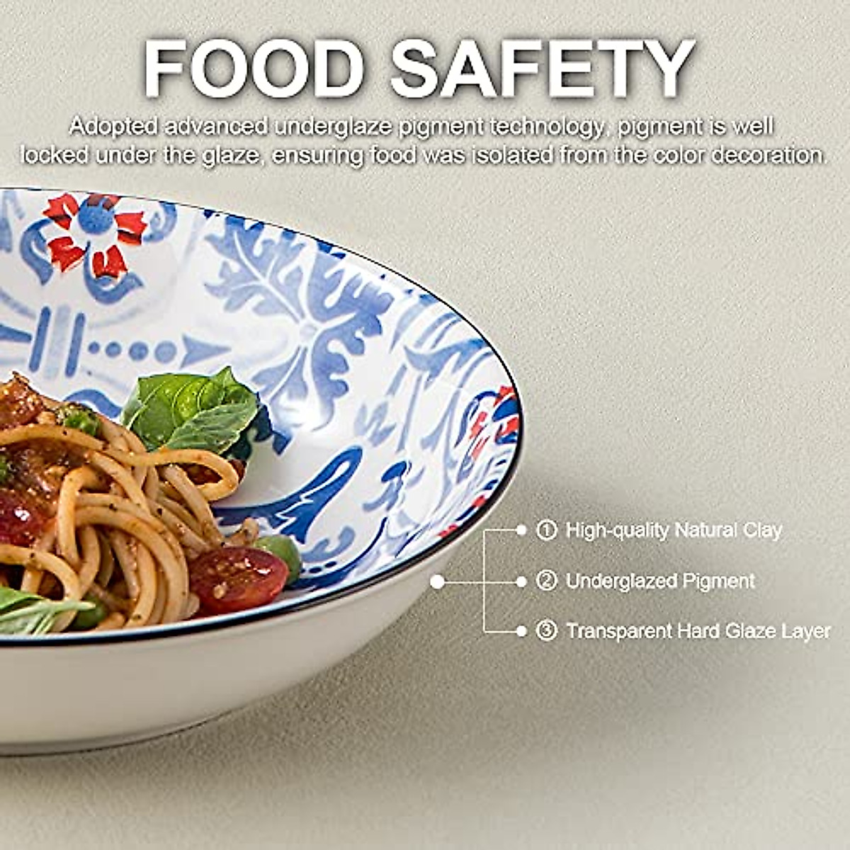 HAPPY KIT 8 inch Pasta Bowls, Salad Bowls Set of 6 for Dessert Appetizer Pasta Bread, Scratch Resistant & Leak Free, Microwave, Oven and Dishwasher Safe, Multiple Pattern
