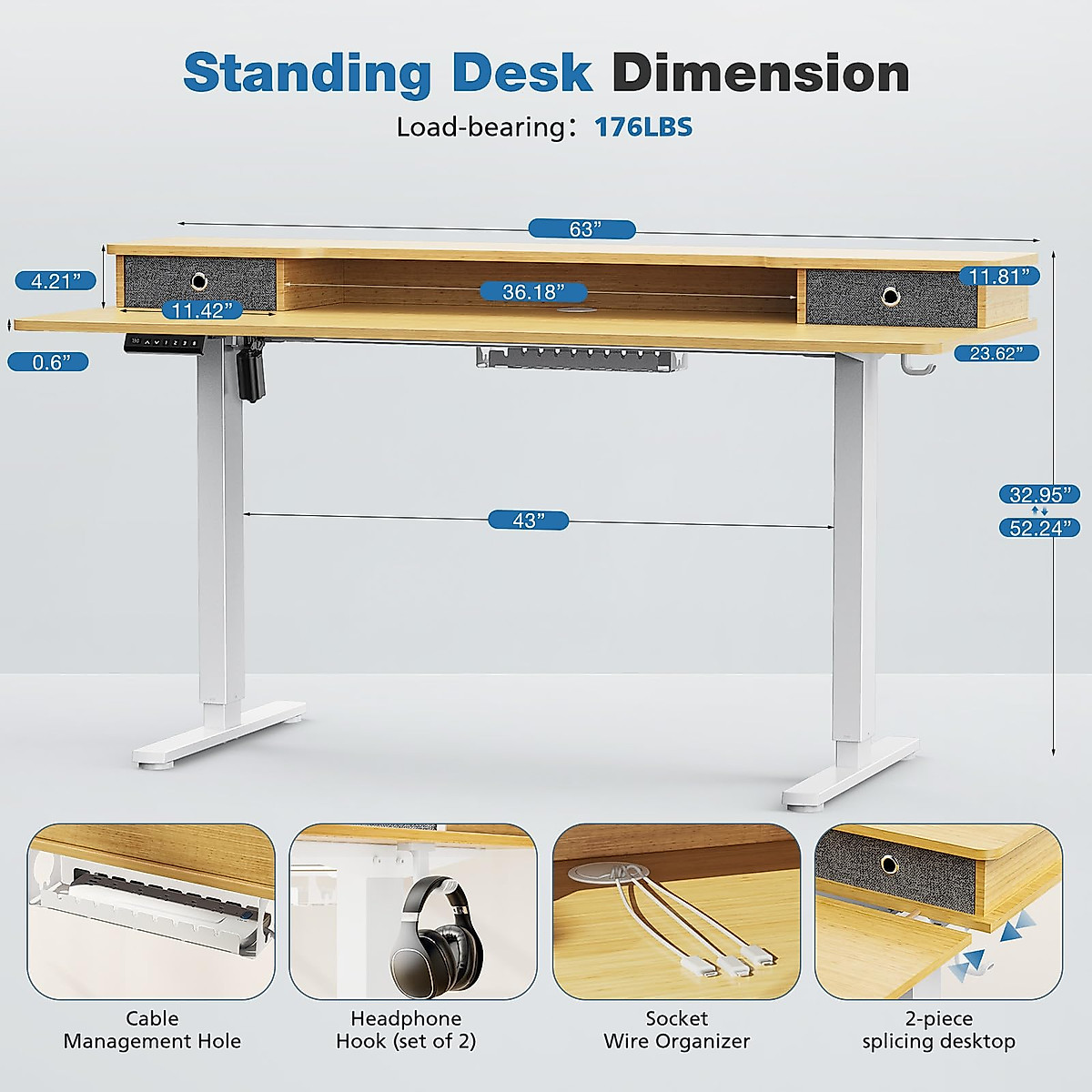 63 Inch Electric Standing Desk with Double Drawers, Adjustable Height Stand Up Desk, Sit Stand Home Office Desk with Monitor Stand, Computer Workstation with Storage Shelf, Natural New