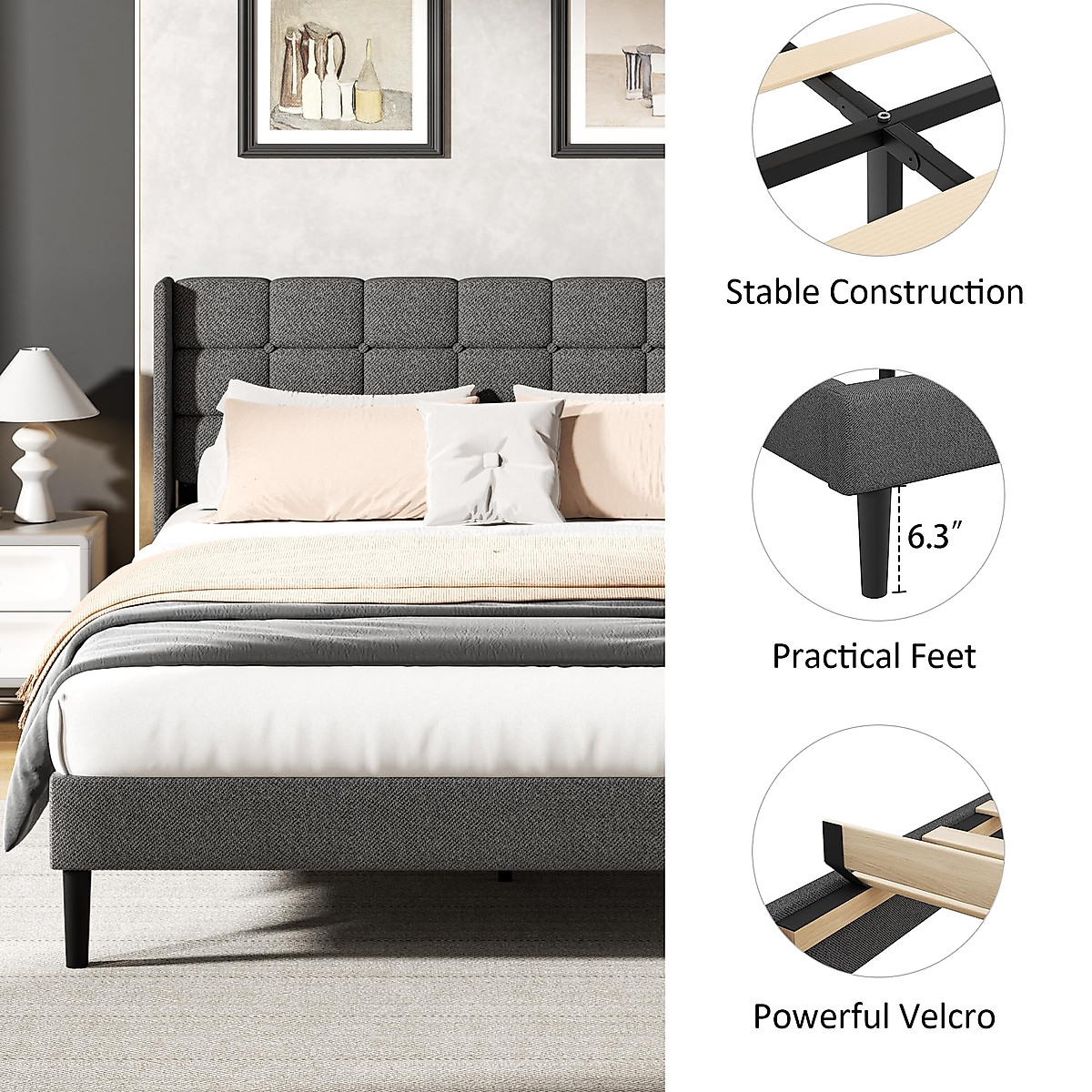 CXVX Queen Size Platform Bed Frame with Upholstered Headboard and Wingback, Mattress Foundation with Wooden Slat Support, No Box Spring Needed, Easy Assembly, Noise Free, Dark Gray