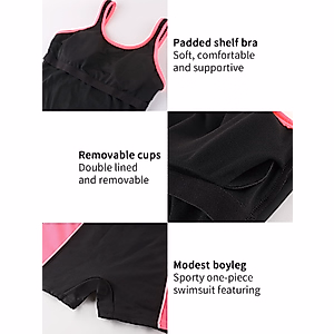 Ocean Blues Women's Blue Athletic Boyshorts One Piece Bathing Suit with Contrasting Panels Swimsuits Built-in Bra Active Swimwear Size Medium