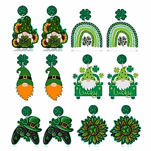 6 Pairs St Patricks Day Earrings for Womens Irish Shamrock Dangle Earrings Clover Drop Earrings Green Grass Rainbow Hat Game Handle Beard Dangle Earrings St Patricks Day Accessories（6pairs）