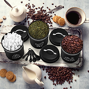 LIANYU 8 Piece Canister for Kitchen Counter, Large Food Kitchen Coffee Tea Sugar Metal Canisters Set with Spoons, Rustic Farmhouse Storage Set, Black