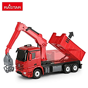 RASTAR RC Logging Truck Toys 1:24 Scale Mercedes-Benz Arocs Remote Control Dump Truck RC Construction Vehicles with Lights/Crane Arm 2.4GHz, RC Truck for Boys Kids Adults