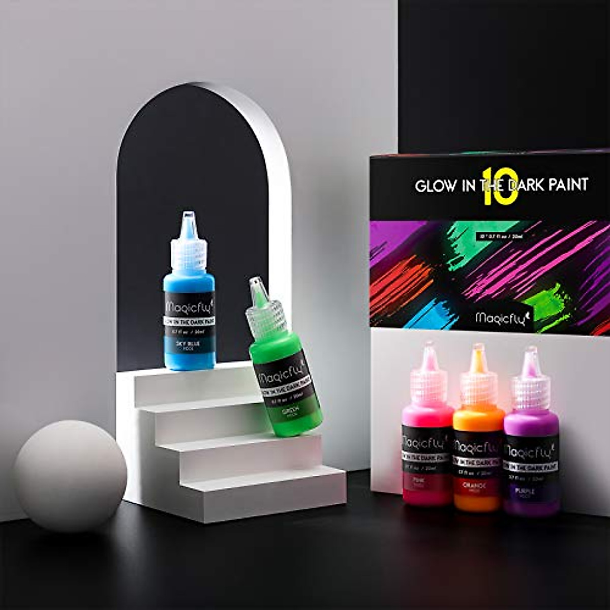 Magicfly Glow in The Dark Paint, 10 Extra Bright Colors(20 ml/0.7 oz) Glow Paint, Long-Lasting Self-Luminous Glow in The Dark Acrylic Paint for Artwork, DIY Projects, Perfect for Halloween Christmas Easter Decorations