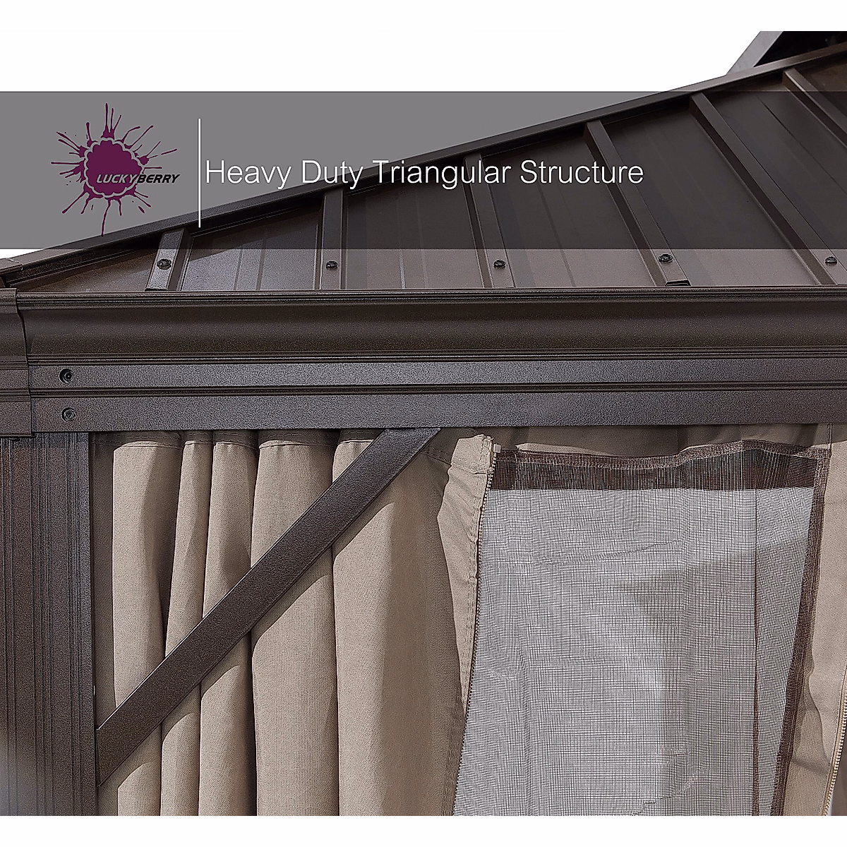 LUCKYBERRY 12' X 12' Outdoor Hardtop Galvanized Steel Roof Double Top Permanent Gazebo Canopy Curtains Aluminum Frame Patio Garden Gazebo with Netting