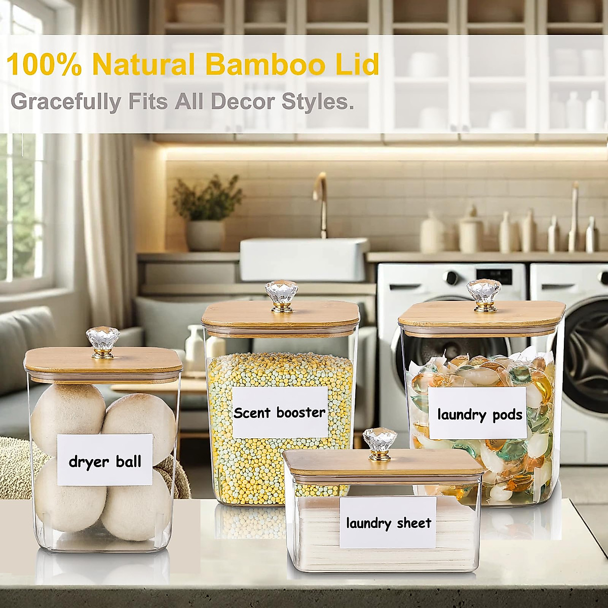 Dounozzi 4 Pack Laundry Pods Container & Laundry Powder Container for Laundry Organization, Plastic Laundry Detergent Container for Organizing, Dryer Sheet Holder with Lid and 16 Labels